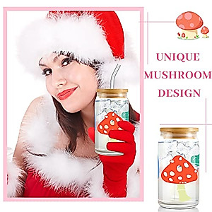 Vesici 6 Pack Color Changing Glasses with Bamboo Lid and Glass Straw Drinking Glasses Mushroom Can Shaped Glass Cups 16 oz Beer Glasses Tumbler Cup Reusable Glass Drinking Straws for Juice Milk Water