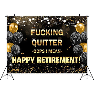 Aperturee 5x3ft Happy Retirement Backdrop Black and Gold Glitter Balloons Fucking Quitter OOPS I Means Photography Background Women Man Retirement Party Thank You Decor Photo Banner Booth Props…