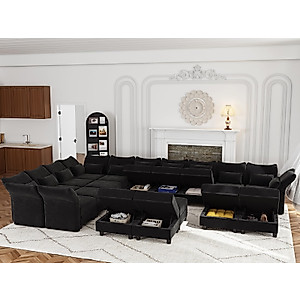 LLappuil Oversized Sleeper Sectional Sofa with Storage 21 Seater Modern U Shaped Modular Sectional Couches for Living Room, Adjustable Armrest Backrest, Chenille, Black