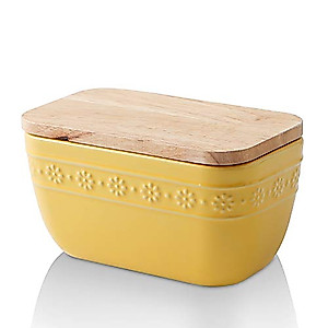 KOOV Porcelain Butter Dish with Lid for Countertop, Airtight Butter Container with Oak Lid, Butter Dishes with Covers, Butter Crock (Yellow)