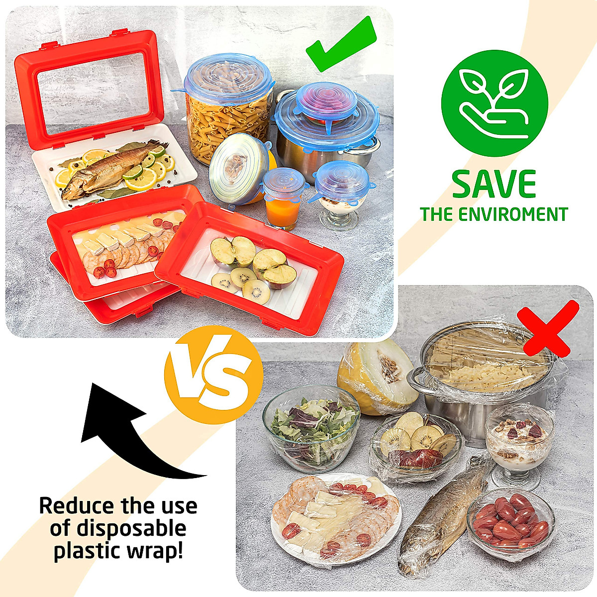 BOXSORY Food Preservation Trays - New Version 2021, Stackable, Reusable and Odor Free - Dishwasher Safe Refrigerator Storage Tray (4pcs) + Stretch Lids (6pcs)