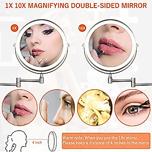 Wall Mounted Lighted Makeup Mirror 8 Inch 1X 10X Magnification with 3 Color LED Lights, Rechargeable Dimmable Magnifying Vanity Mirror, Extendable Arm 360° Swivel Bathroom Mirror, Brushed Nickel