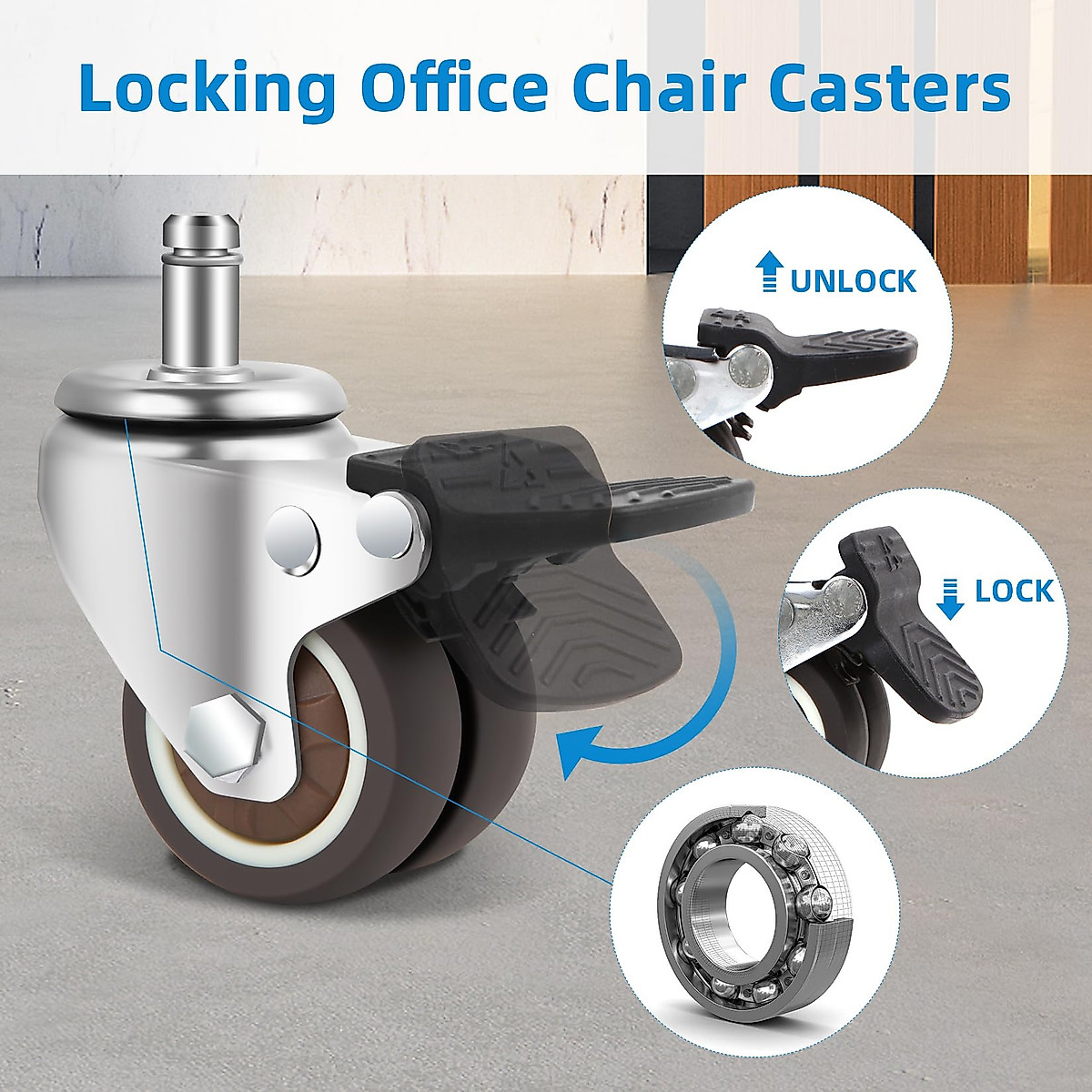 W B D WEIBIDA Office Chair Wheels with Brake Set of 5 Rubber Replacement Caster for Chair Wheels 2 Inch Heavy Duty Universal Wheel for Work, Desk and Gaming Chair Safe for All Floors