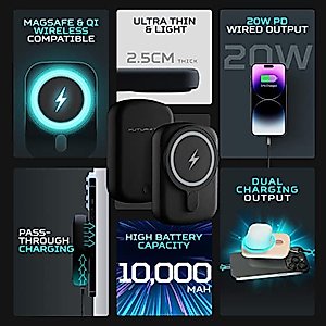 Futurizta Tech® Pixy Go MagSafe Compatible 15W Wireless Power Bank (10,000mAh,Midnight Black) Ultra Thin & Light 20W PD Wired Output 18W PD Input, Compatible with iPhone 14,13,12, AirPods and Pro