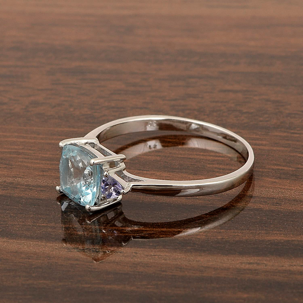 MOONEYE 7MM Cushion Cut Aquamarine Trillion Tanzanite Gemstone 925 Sterling Silver Three Stone Ring (Silver, 10)
