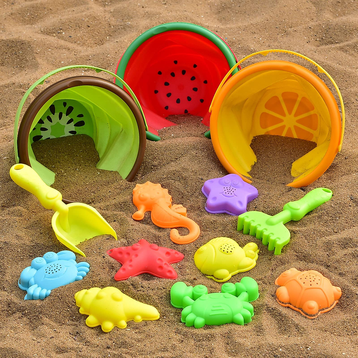 FUN LITTLE TOYS Sand Toys with Silicone Foldable Beach Bucket, Animal Sand Molds, Beach Shovel, Carrying Net, Bithday Gifts for Boys Girls