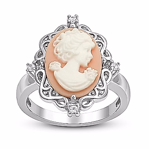 Jewelili Pink Cameo Ring in Sterling Silver with Round Created White Sapphire, Size 8