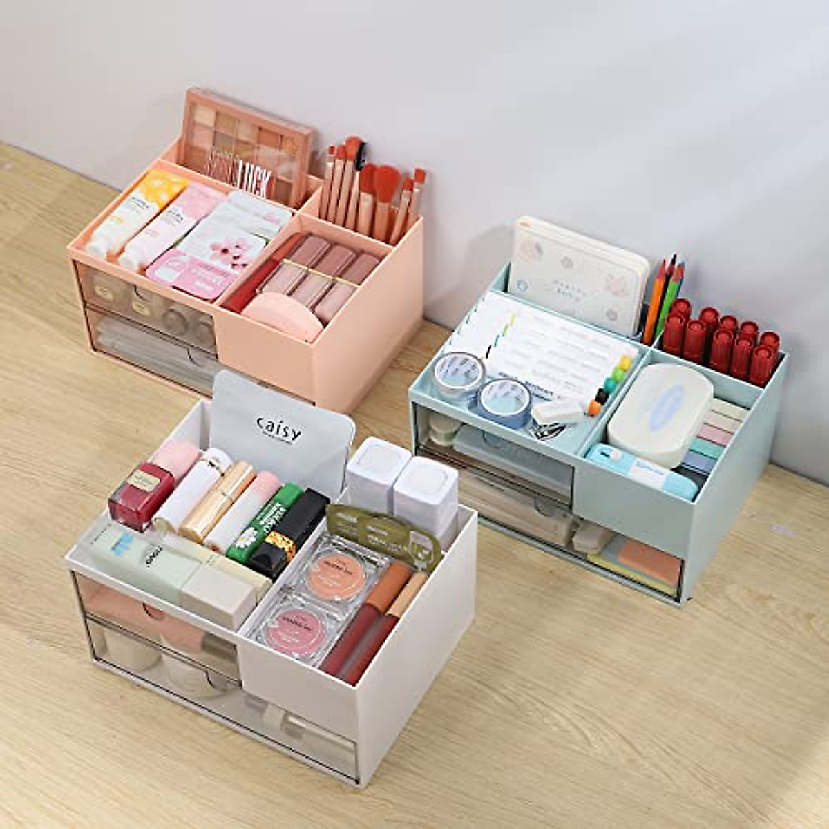 RAMFIYN Blue Kawaii Desk Organizer with 2 Drawers, 10 Compartments, Plastic Stationary Organizer for Home, School