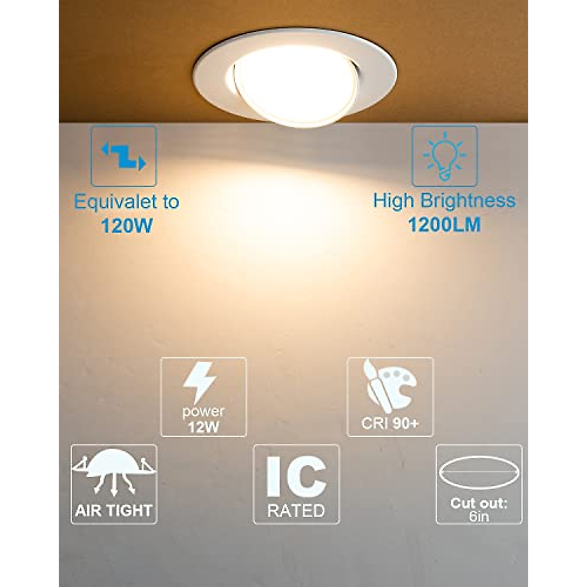 6Pack 𝗠𝗲𝘁𝗮𝗹 LED Downlight and Gimbal Recessed Lighting 6 inch, Adjustable Angled LED Recessed Lighted 3000K/4000K/5000K 12W=120W 1200LM Super Bright Directional Downlight