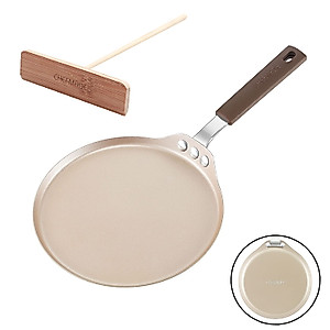 CHEFMADE Crepe Pan with Bamboo Spreader, 8-Inch Non-Stick Pancake Pan with Insulating Silicone Handle for Gas, Induction, Electric Cooker (Champagne Gold)