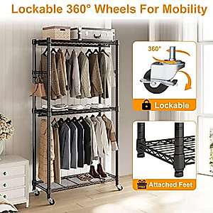 Tophorse T1 Heavy Duty Rolling Clothes Rack, Double Rods Clothing Rack for Hanging Clothes, Adjustable Metal Wire Garment Rack with Lockable Wheels & Side Hooks, Portable Closet Wardrobe Storage.