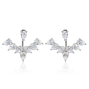 Marquise & Round Brilliant Cubic Zirconia Floral Front Back Jacket Earrings Plated in White Gold