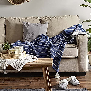 DII Striped Throw Collection Cotton Slub, Hand-Tied Tassels, 50x60, French Blue & Off-White
