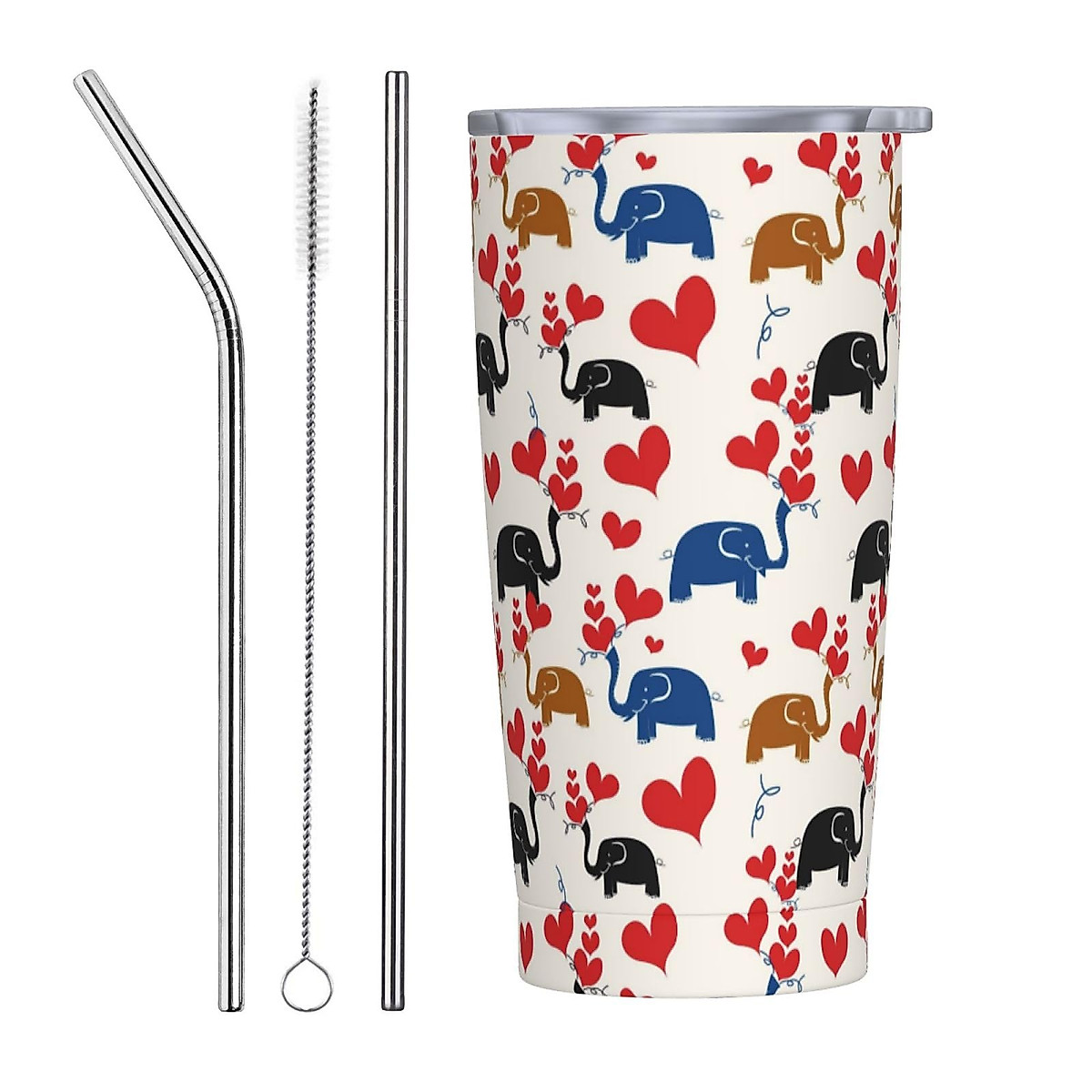 Yaxongx 20oz Tumbler Love Animal Elephant Double Wall Vacuum Insulated Coffee Mug with Lid and Metal Straw Brush Reusable Stainless Steel Water Bottle Travel Cup Gifts for Car Ice Drinks Hot Beverage