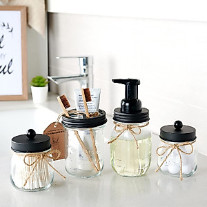 Amolliar Mason Jar Bathroom Accessories Set 4 Pack - Foaming Soap Dispenser&2 Qtip Holders&Toothbrush Holder-Rustic Farmhouse Decor Bathroom Organizer Apothecary Jar Country Countertop (Black)