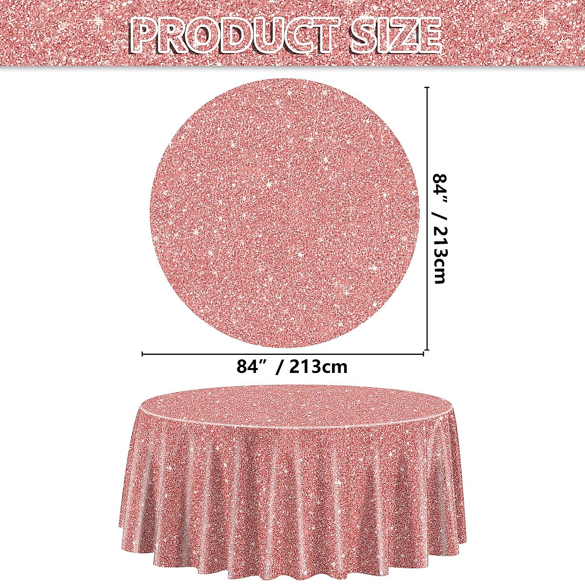 3 Pack Pink Rose Gold Tablecloths for Round Table, 84x84'' Rose Gold Sequin Printed Plastic Round Table Cover, Rose Gold Glitter Party Decorations for Girls Birthday Wedding Graduation Princess Party