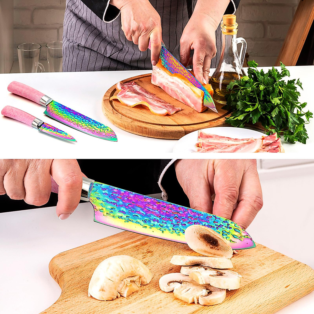 Rainbow Kitchen Knife Set Non Stick Knives with Wood Storage, Serrated Steak Knife, Chef Knife, Scissors with Built-in Sharpener, 14Pcs Ultra-Sharp Cutlery Block Sets for Home & Pro Use Best Gift