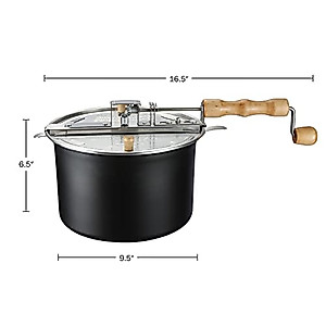 Stovetop Popcorn Maker – 6.5-Quart Popper Pan with Wooden Crank Handle and Internal Kernel Stirrer by Great Northern Popcorn (Black)