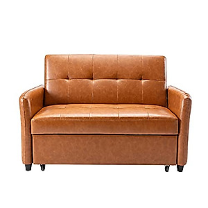 XD Designs PU Leather Convertible Sleeper Sofa Bed, Modern Multi-Function Pull Out Couch with Hardwood Frame, Adjustable Oversized Armchair with Dual USB Ports for Small Space (Brown + PU)