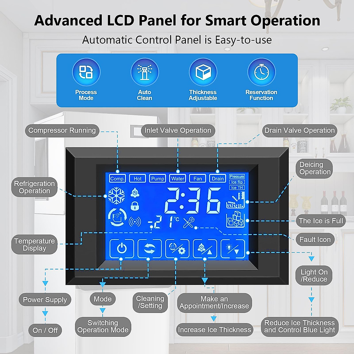 Commercial Ice Maker 350Lbs/24H, 1000W Stainless Steel Ice Machine with 310Lbs Ice Storage Bin, Free-Standing Ice Maker with LCD Panel Auto Operation, Industrial Ice Machine for Business