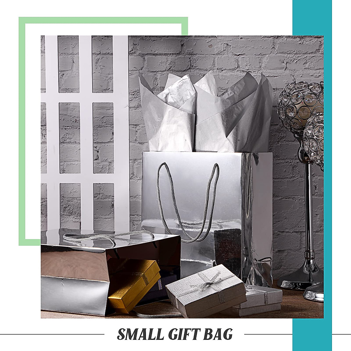 12 Pack Metallic Gift Bags Party Favor Bags Paper Shopping Bags with Handles Bulk and 12 Sheets Gift Tissue Paper Wrapping Paper for Birthdays, Wedding, Party Favors, 9 x 8 x 4 Inch(Silver)