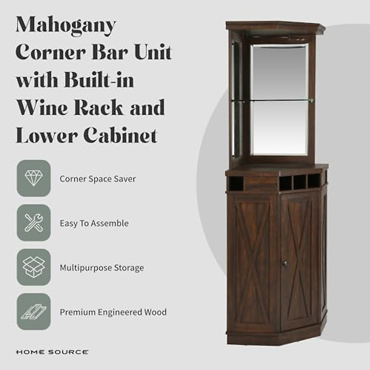 Home Source 73" Tall Corner Storage Cabinet with Wood Doors, Wine Rcak, Liquor Glass Holder, Glass Design Large Rustic Bar Hutch for Living Room, Home Office, Kitchen, Small Space, Charcoal