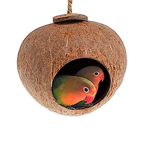 Bird Feeder Natural Coconut Shell Bird Nest with Hanging Lanyard, Birdhouse Hut Cage Feeder Toy for Pet Parrot