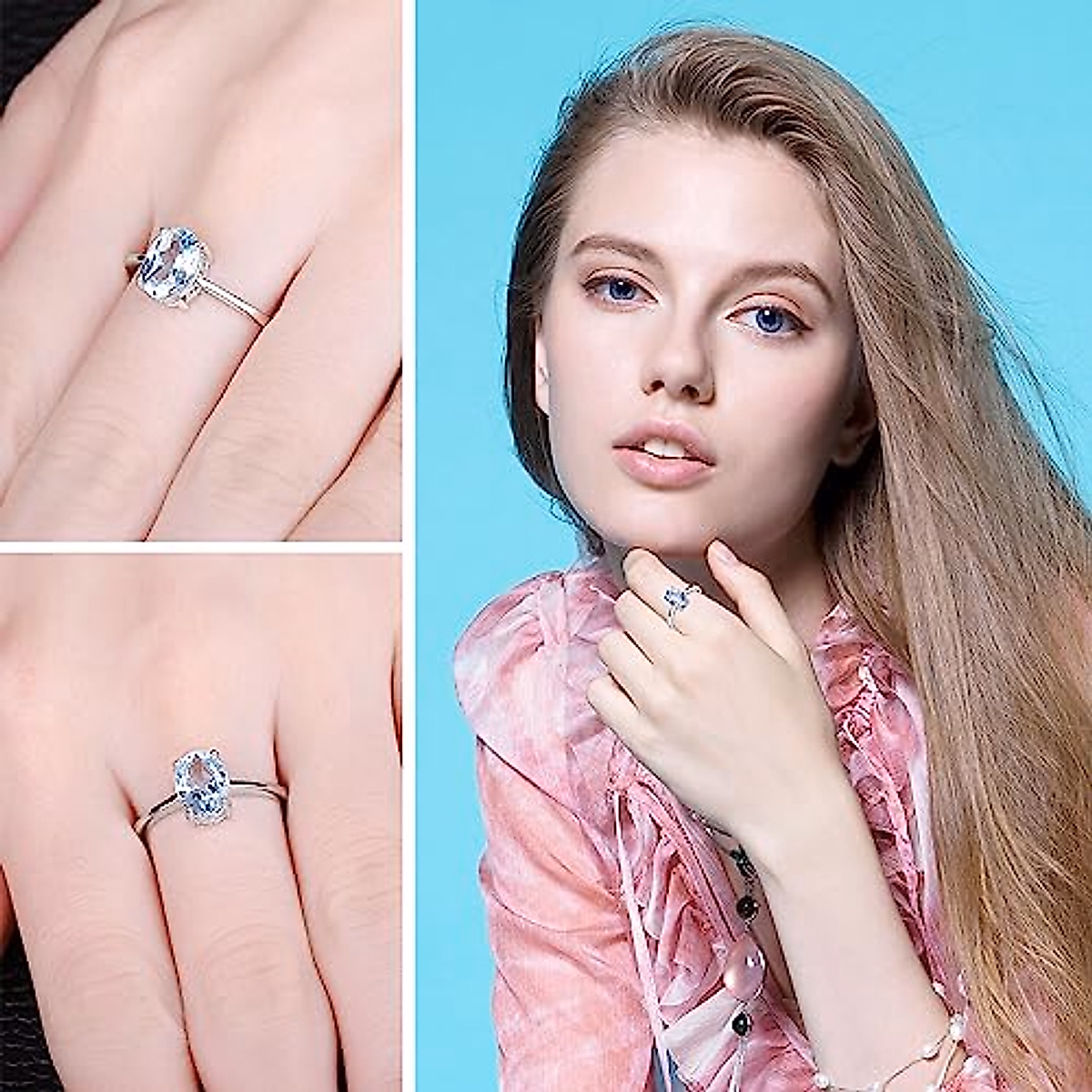 JewelryPalace Class Natural Gemstone Blue Topaz Birthstone Solitaire Engagement Rings for Women, Anniversary 14K Gold Plated 925 Sterling Silver Promise Rings for Her Size 8