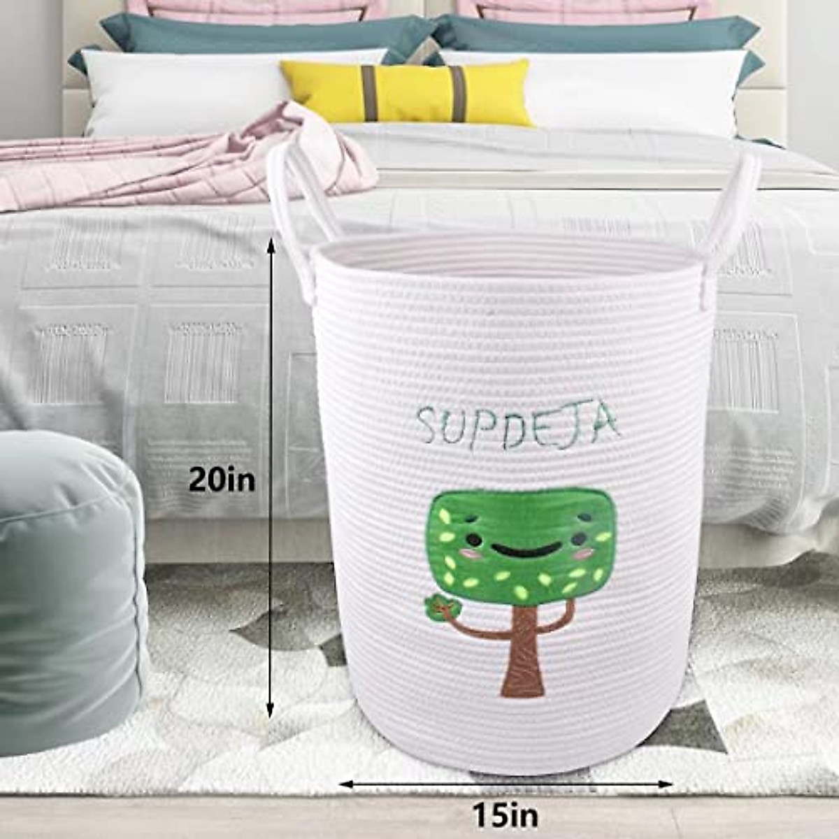 Laundry Hamper, Woven Laundry Basket Nursery Hamper Cotton Rope Basket Laundry Hamper with Handles for Storage, Kids Toy Basket Cute Baby Clothes Hamper 15 x 15 x 20 Inches