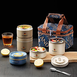 TiLeMiun Portable Insulated Lunch Containers Set, Microwave Safe Thermal Lunch Box For Kids & Aldults, 18/8 Stainless Steel Leakproof Food Container With Bag (Blue 2Pcs 34oz)