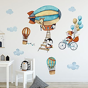Mfault Baby Hot Air Balloon Animals Wall Decals Stickers, Penguin Giraffe Fox Bike Nursery Decorations Boy Girl Bedroom Playroom Art, Neutral Toddlers Kids Room Decor Gifts