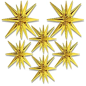 BlingABC Star Foil Balloons Gold Explosion 6PCS 14 Point Cone Balloons Magic Starburst Balloons Large for Wedding Anniversary Backdrop Birthday Party Decorations(27 & 22 inch)