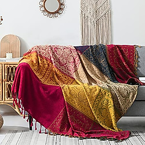 Y-PLWOMEN Bohemian Chenille Throw Blanket for Couch, Woven Jacquard Boho Blankets wiz Tassel, Hippie Tribal Blanket for Bed Sofa Recliner Loveseat Decor(Red Yellow, 60x75)