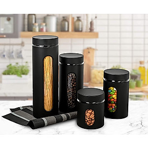 GADGETWIZ Canister Sets for Kitchen Counter - Matte Black Kitchen Decor and Accessories - Glass Canisters Sets for the Kitchen - Sugar Containers for Countertop - Kitchen Canisters Set of 4