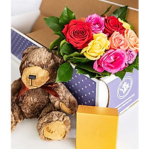 From You Flowers - One Dozen Rainbow Roses with Chocolates & Bear with Free Vase (Fresh Flowers)