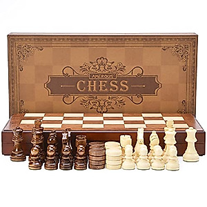 AMEROUS Wooden Chess & Checkers Set with Upgraded Weighted Chess Pieces, 15 Inches (2 in 1) Chess Board Games for Kids, Adults w/ 2 Extra Queens / 24 Cherkers Pieces/Gift Package