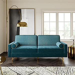 YaoYaoJia 79'' Luxury Velvet Sofa,Mid-Century Modern Loveseat with Bolster Pillows,3 Seater Sofa with Gold Metal Legs,Comfy Couches for Living Room Bedroom Apartment (Teal)