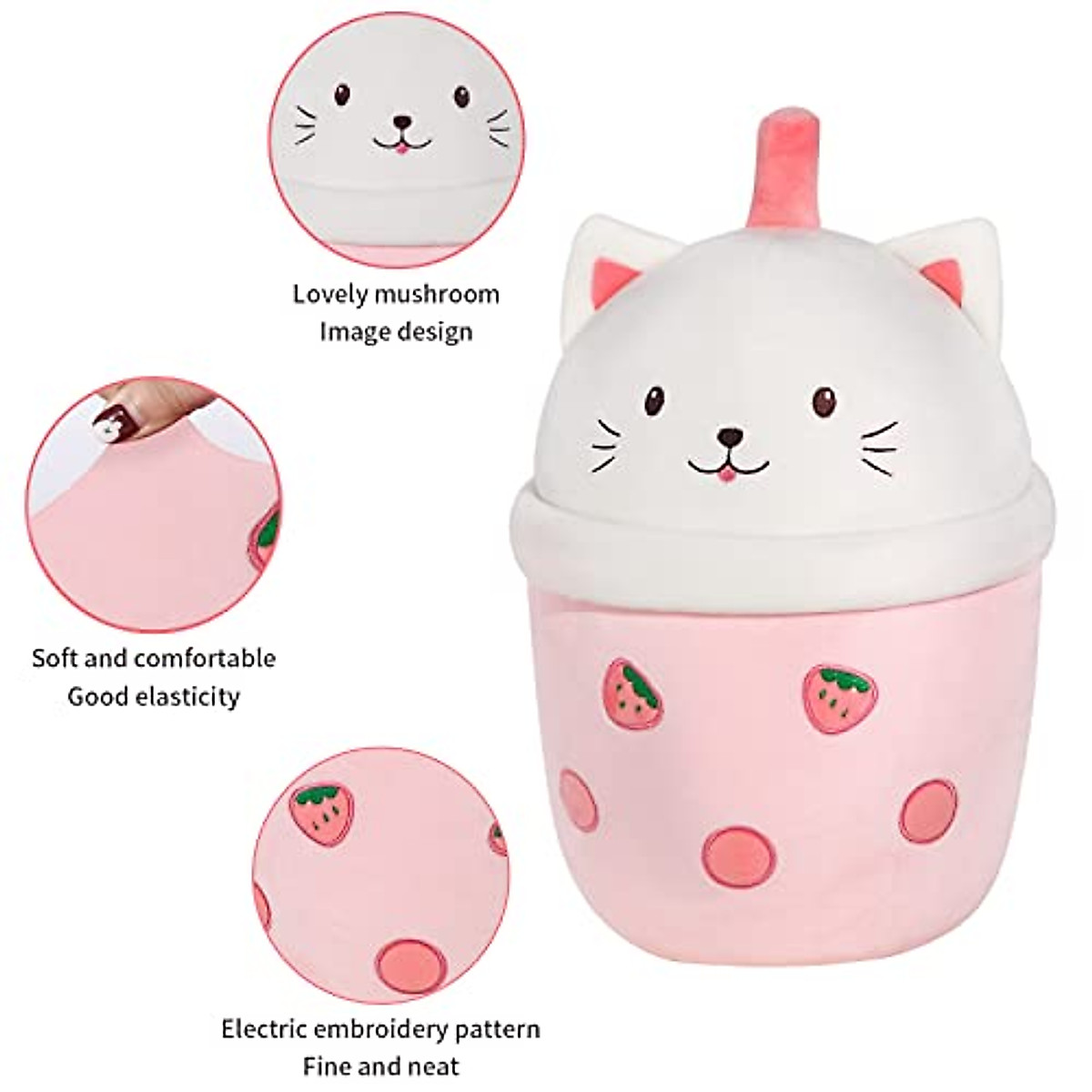 MMguai 14 inch Cute Big Boba Tea Strawberry Cat Plush Soft Hugging Pillow,Large Pink Pearl Milk Tea Stuffed Animals Toy Room Decor,Gifts for Kids Girls Birthday, Christmas