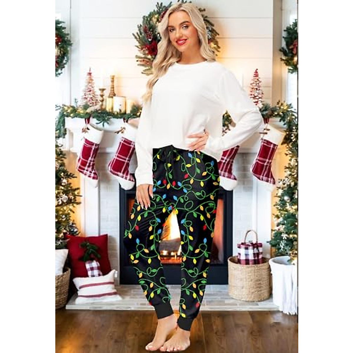 Christmas Lights Pajama Pants Women Sleepwear Bottom Family Casual Athletic Sweatpants M