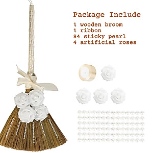 Wedding Broom for Jumping Ceremony, Decorative Broom DIY with Ribbons Artificial Roses & Sticky Pearl