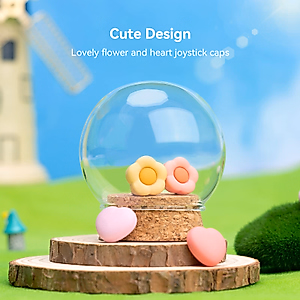 GeekShare Silicone Joycon Thumb Grip Caps, Joystick Cover Compatible with Nintendo Switch/OLED/Switch Lite,4PCS - Heart & Flower (Pink&Yellow)