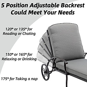 Luccalily Chaise Lounge Outdoor Chair with Wheels, Adjustable Reclining Rust-Resistant Aluminum Cast Poolside Chaise Lounge Furniture with Waterproof Grey Cushion (1pc)