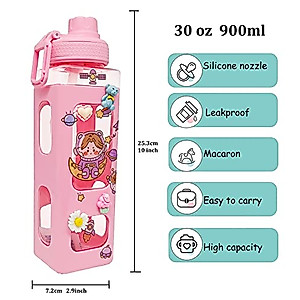 Fanovo Kawaii Water Bottle for Girls, Cute Kids Water Bottles with Straw, Carton Water Jug Large Square Drinking Bottle, Portable Leakproof Aesthetic Water Cup + 3D Stickers/Shoulder Strap, 30 oz