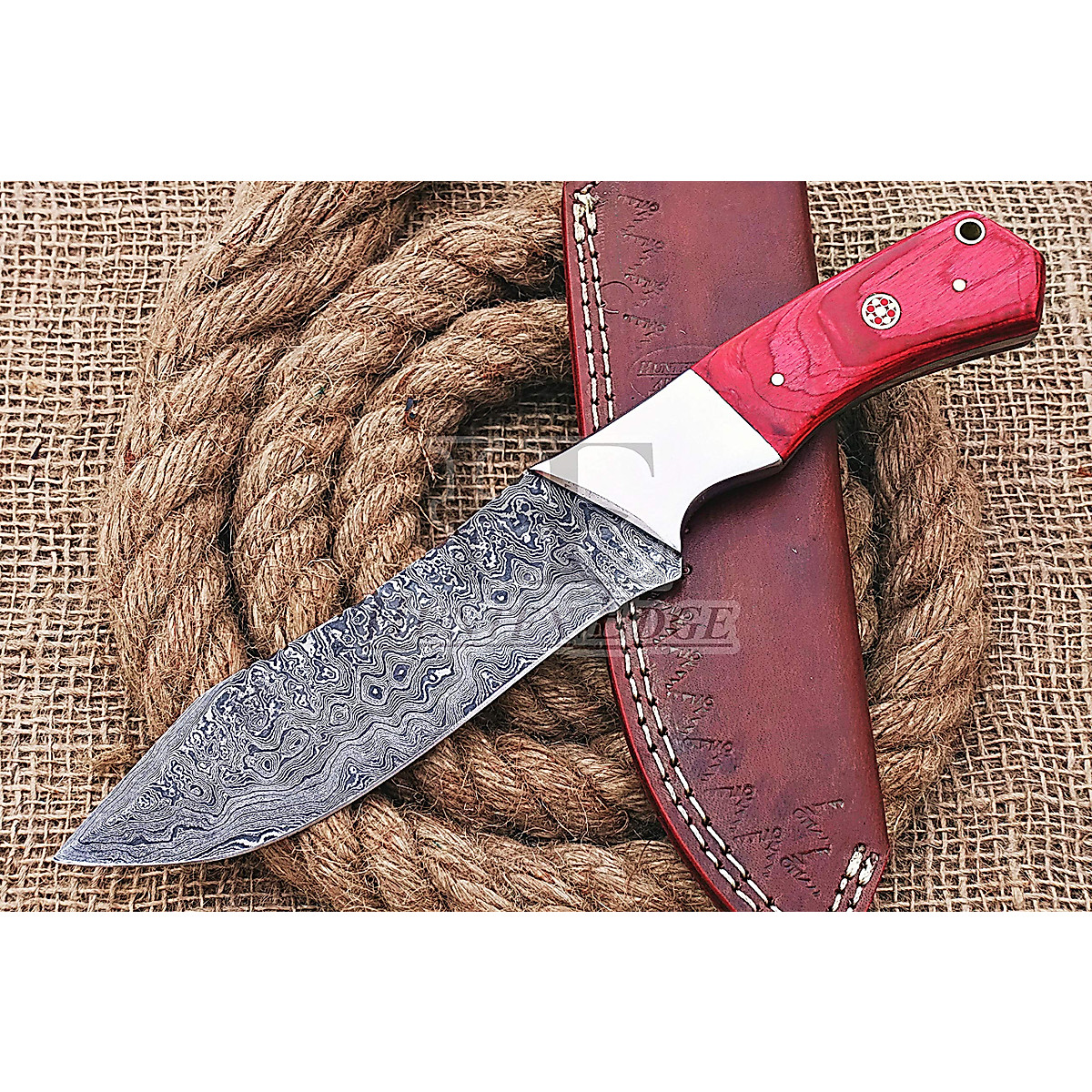 HUNTEX Handmade Hand-Forged Ladder Pattern Damascus Steel 10 Inch Long Full Tang Pakka Wood Handle Razor Sharp Hunting Camping Big Game Hunter Knife w/Genuine Leather Pouch