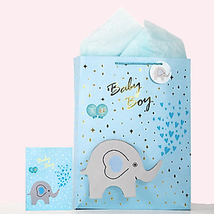 CUTERUI GIFTED 16.5" Extra Large Boy Gift Bags with 3D Elephant Patch for Baby Shower with Tissue Paper and Greeting Card (Blue Baby boy)
