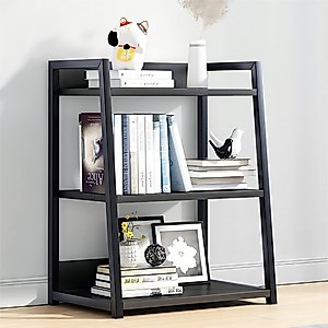 IOTXY 3 Tier Open Bookshelf - Steel and Wood Display Stand, 50CM Width Floor-Standing Bookcase, Black