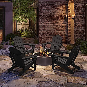 Mdeam Folding Adirondack Chair Lawn Outdoor Fire Pit Chairs Weather Resistant with 2 Cup Holder/Adirondack Retractable Ottoman（Black）
