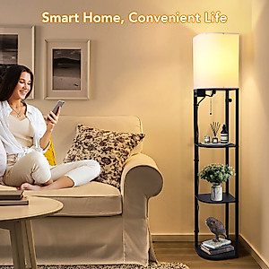 LUNSY Floor Lamp with Shelves, Smart RGB Shelf Floor Lamp with 2 USB Ports & 1 Power Outlet, Modern Display Floor Lamps with RGB Bulb, Standing Lamp for Living Room, Bedroom and Office - Black