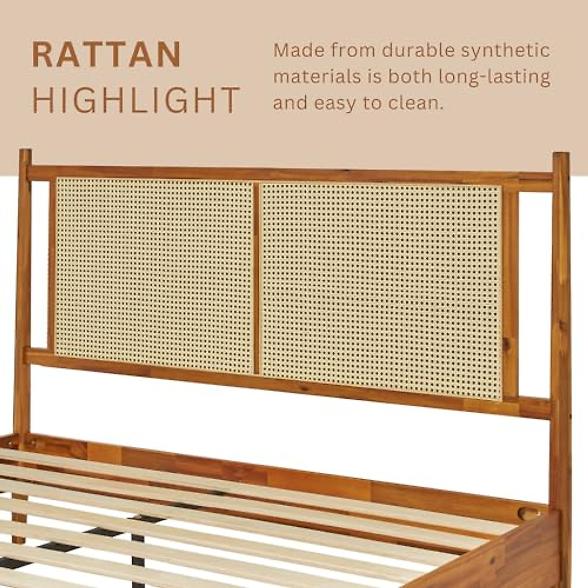 Bme Oliver Headboard Queen Size Bed Frame - 15-Inch Signature Design with Rattan Headboard, Bohemian and Mid Century Style, 12-Slat Wood Support, No Box Spring Needed - Easy Assembly, Caramel