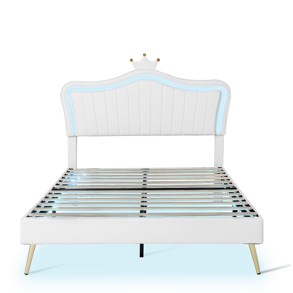 CITYLIGHT Queen Size Upholstered Princess Bed with Crown Headboard, Wood Cute Kids Bed Frame Queen with LED Lights and Metal Legs for Girls, No Box Spring Required (Queen,White)